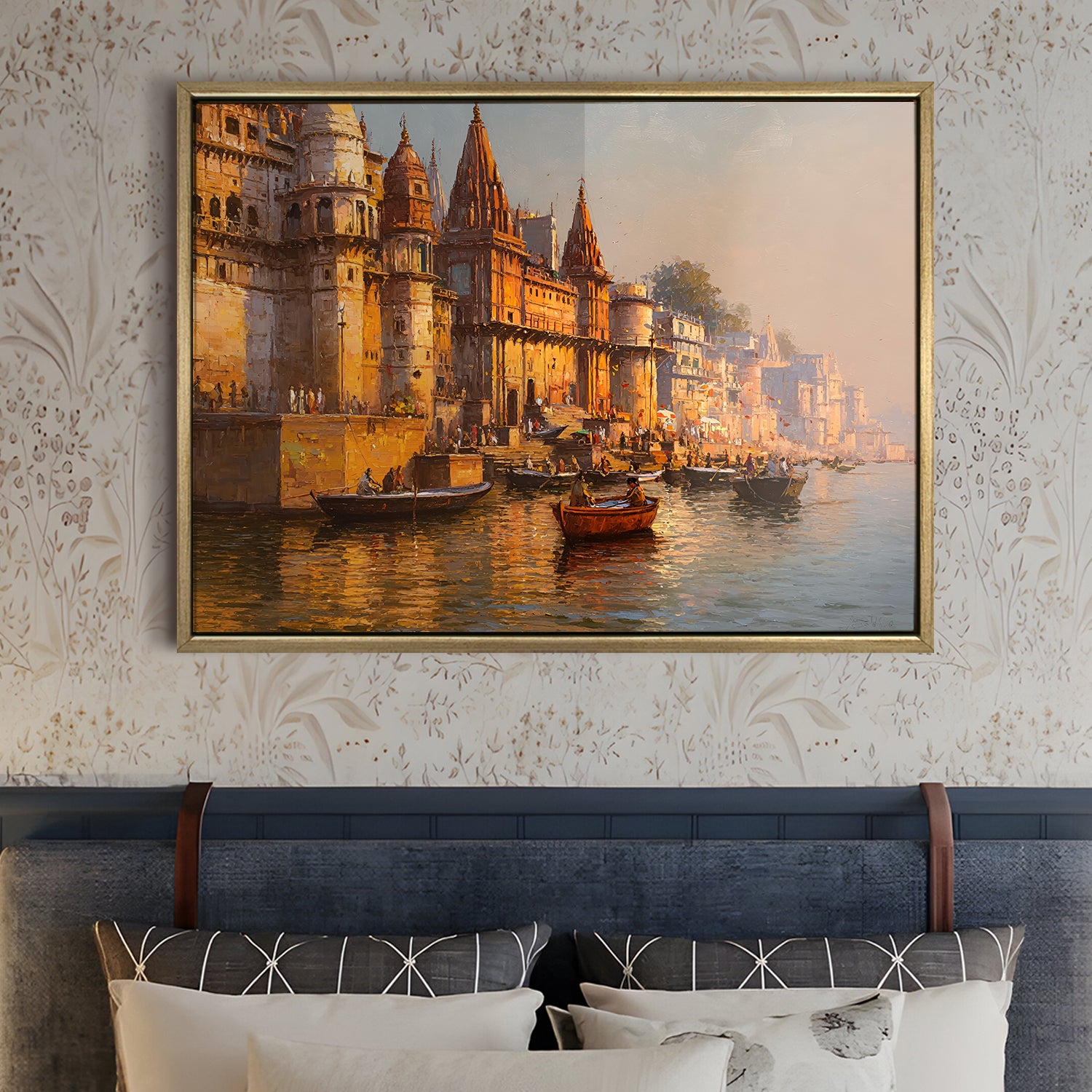 Banaras Ghats Painting Wall Art – Varanasi Riverfront with Golden Floa ...