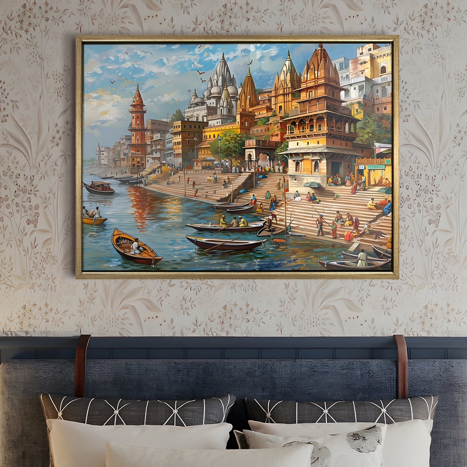 Banaras Ghats Painting Wall Art – Varanasi Riverfront with Golden Floa ...