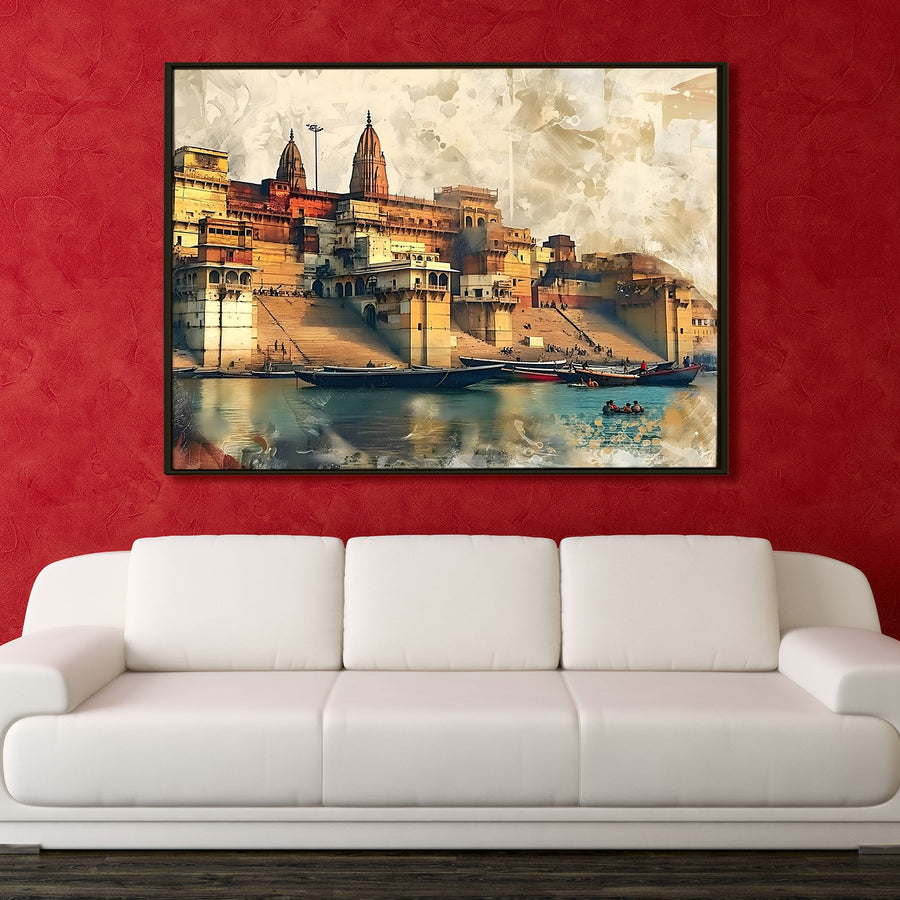 Ethnic Traditional Indian Varanasi Ganga Ghat Banaras Large Wall Art C ...