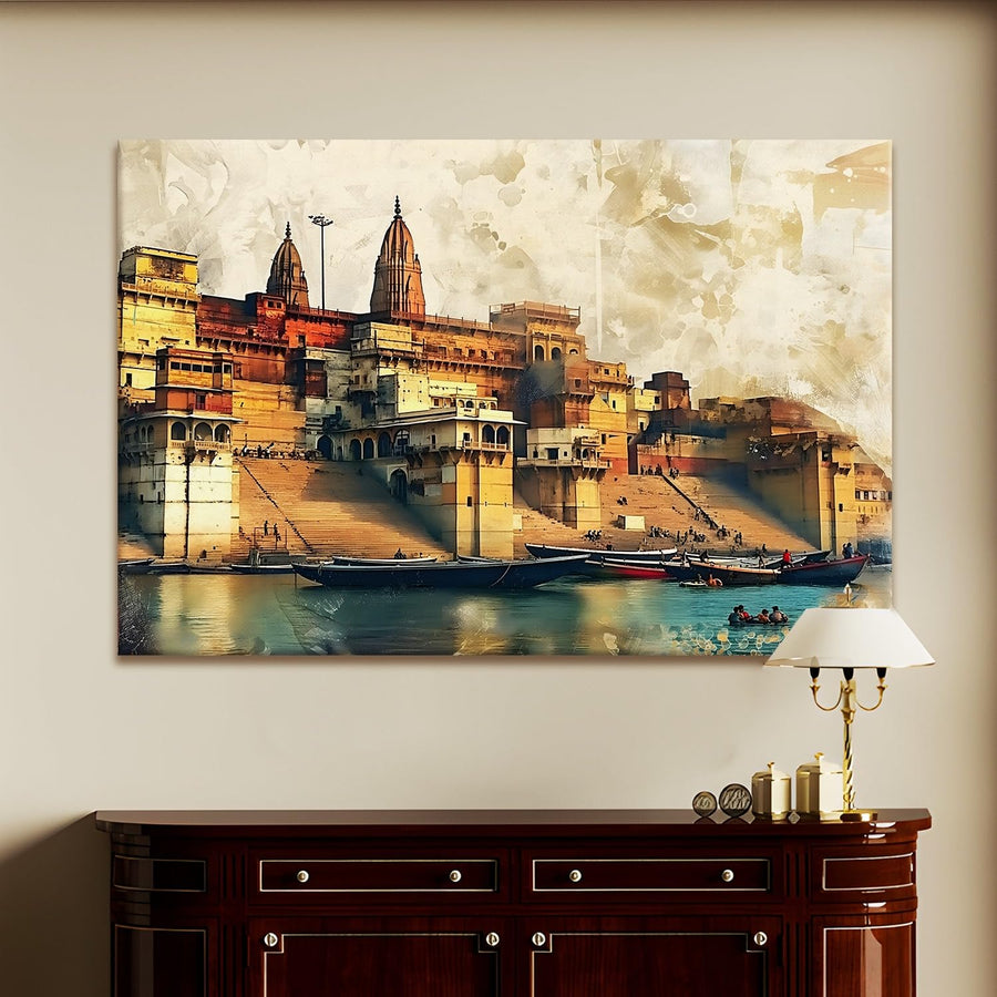 Ethnic Traditional Indian Varanasi Ganga Ghat Banaras Large Wall Art C ...