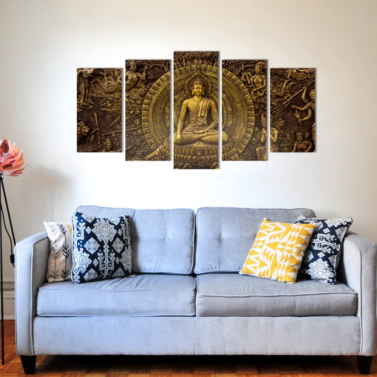 Lord Buddha Vastu 5 Panel Wall Art Serenity and Enlightenment Paper Plane Design