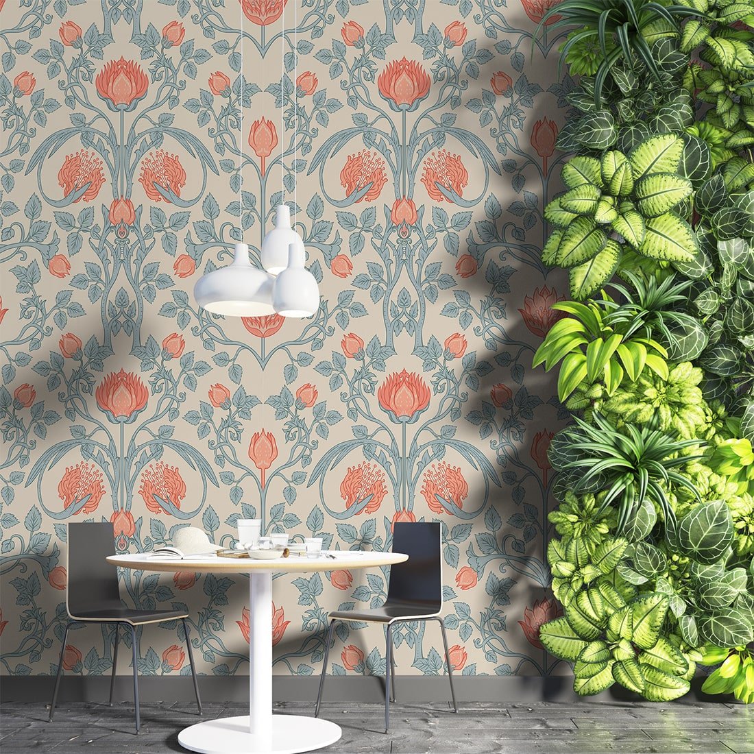 Red and Green Floral Vintage Wallpaper for Luxurious Living Rooms ...