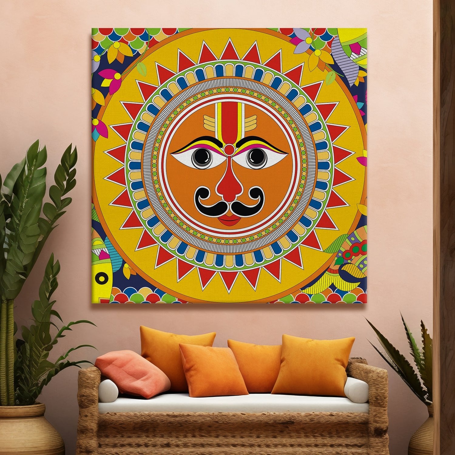 Madhubani Sun Canvas Painting - Vibrant Art for Home & Hotel Decor ...