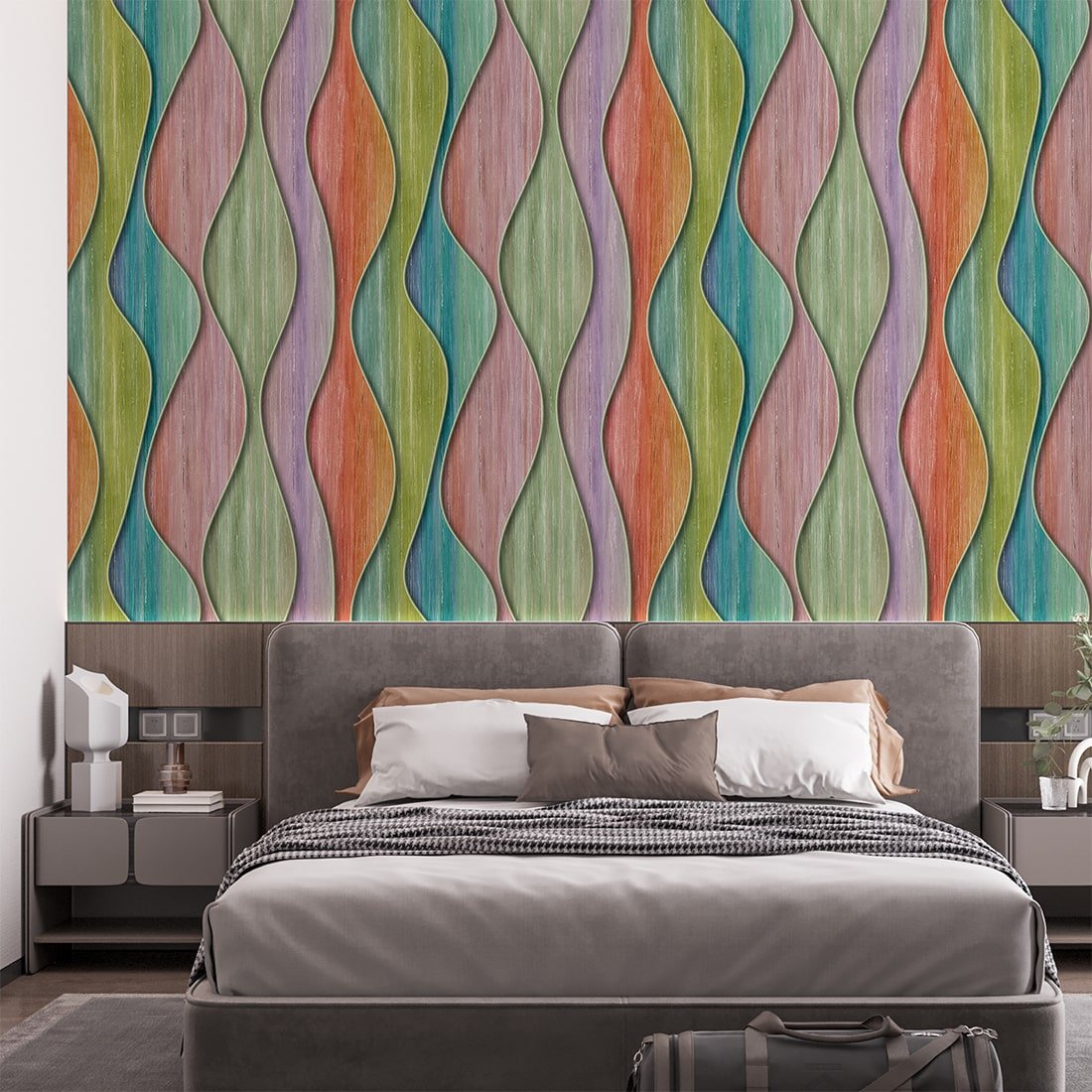 Wavy Lines Multicolor Wood wallpaper For Home and Café Decoration ...